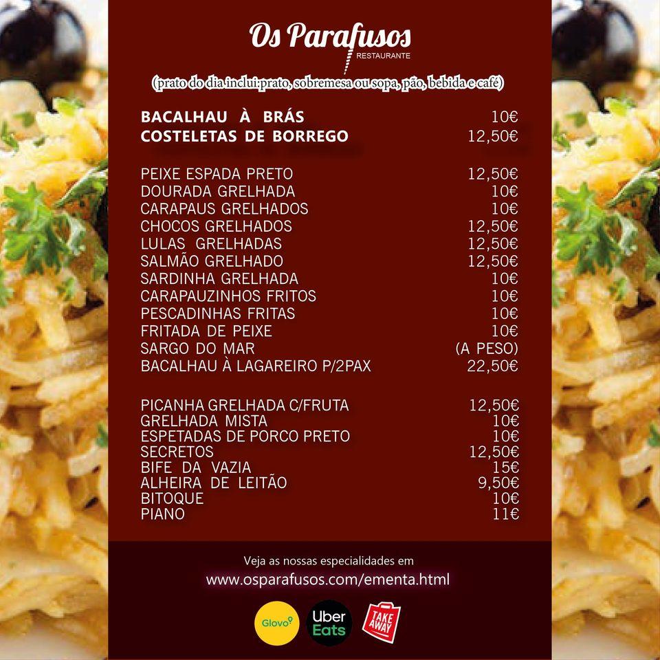 Menu at Os Parafusos restaurant, Costa da Caparica
