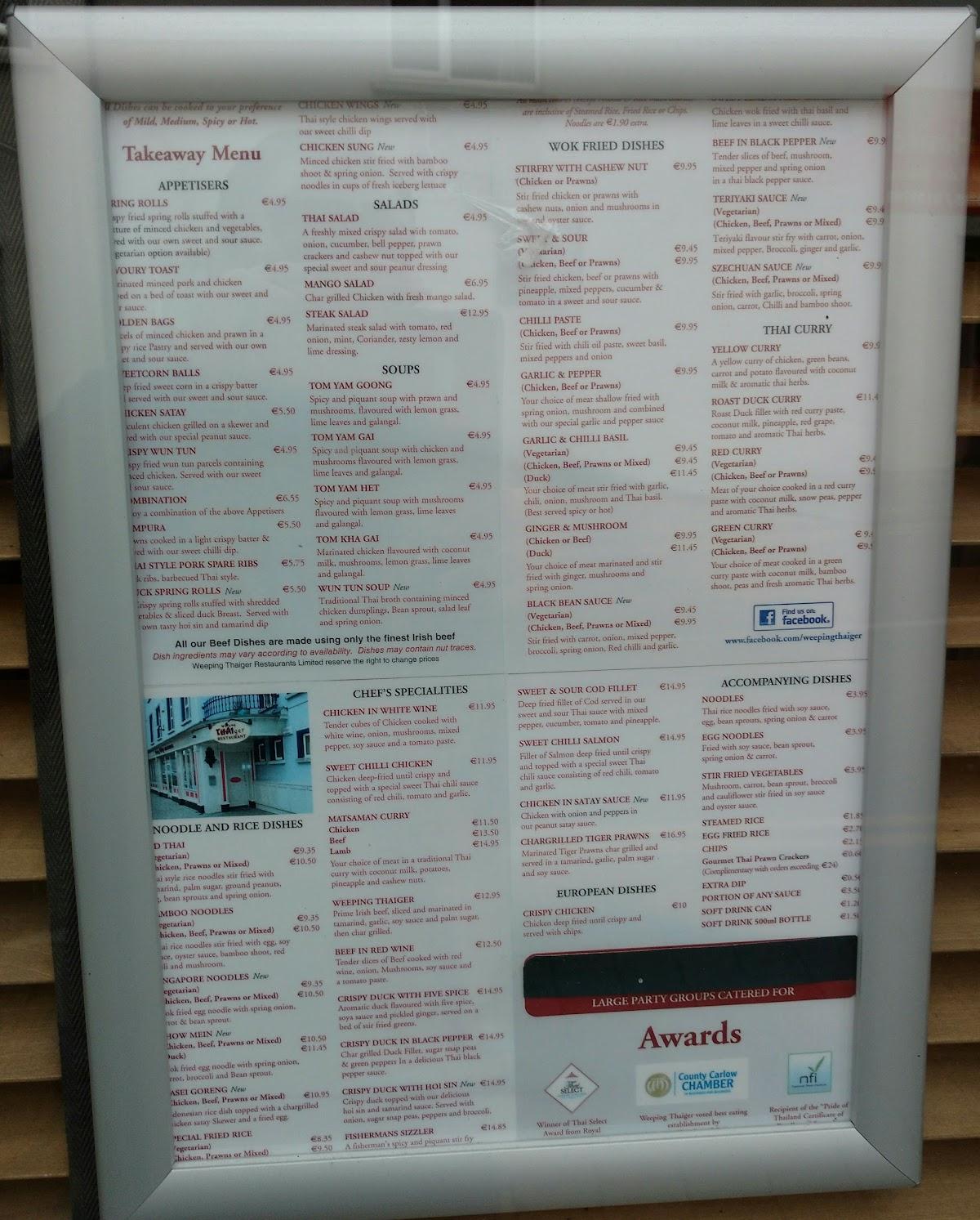 Menu at Weeping Thaiger Restaurant, Carlow