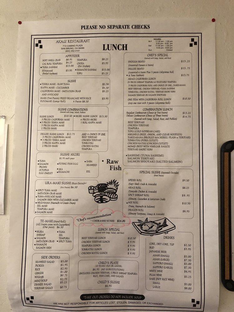 Menu at Akagi Restaurant, San Bruno