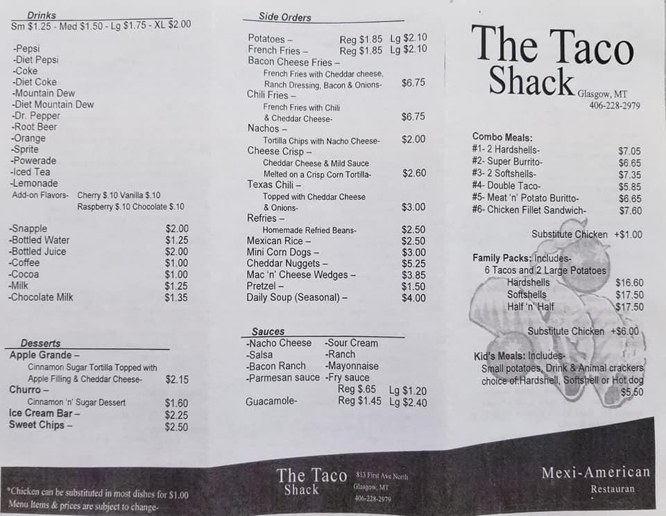 Menu at Taco Shack restaurant, Glasgow