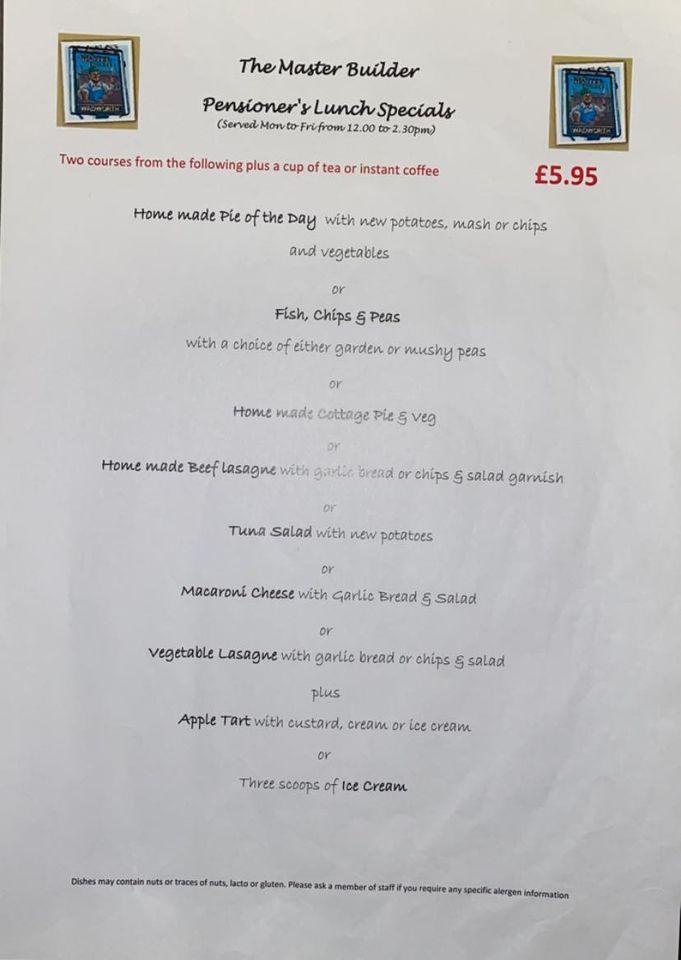 Menu at Master Builder pub & bar, Southampton