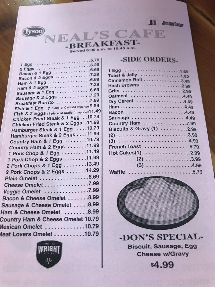 Menu at Neal's Cafe, Springdale