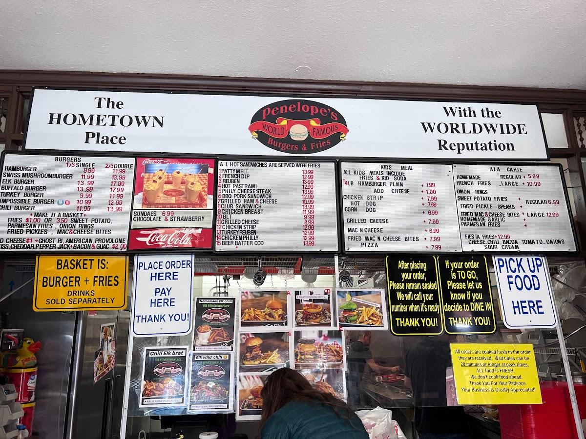 Menu at Penelope's Old Time Burgers restaurant, Estes Park