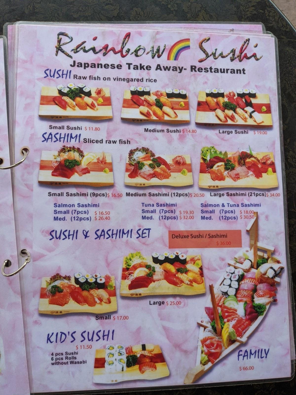 Menu at Rainbow Sushi restaurant, Mona Vale
