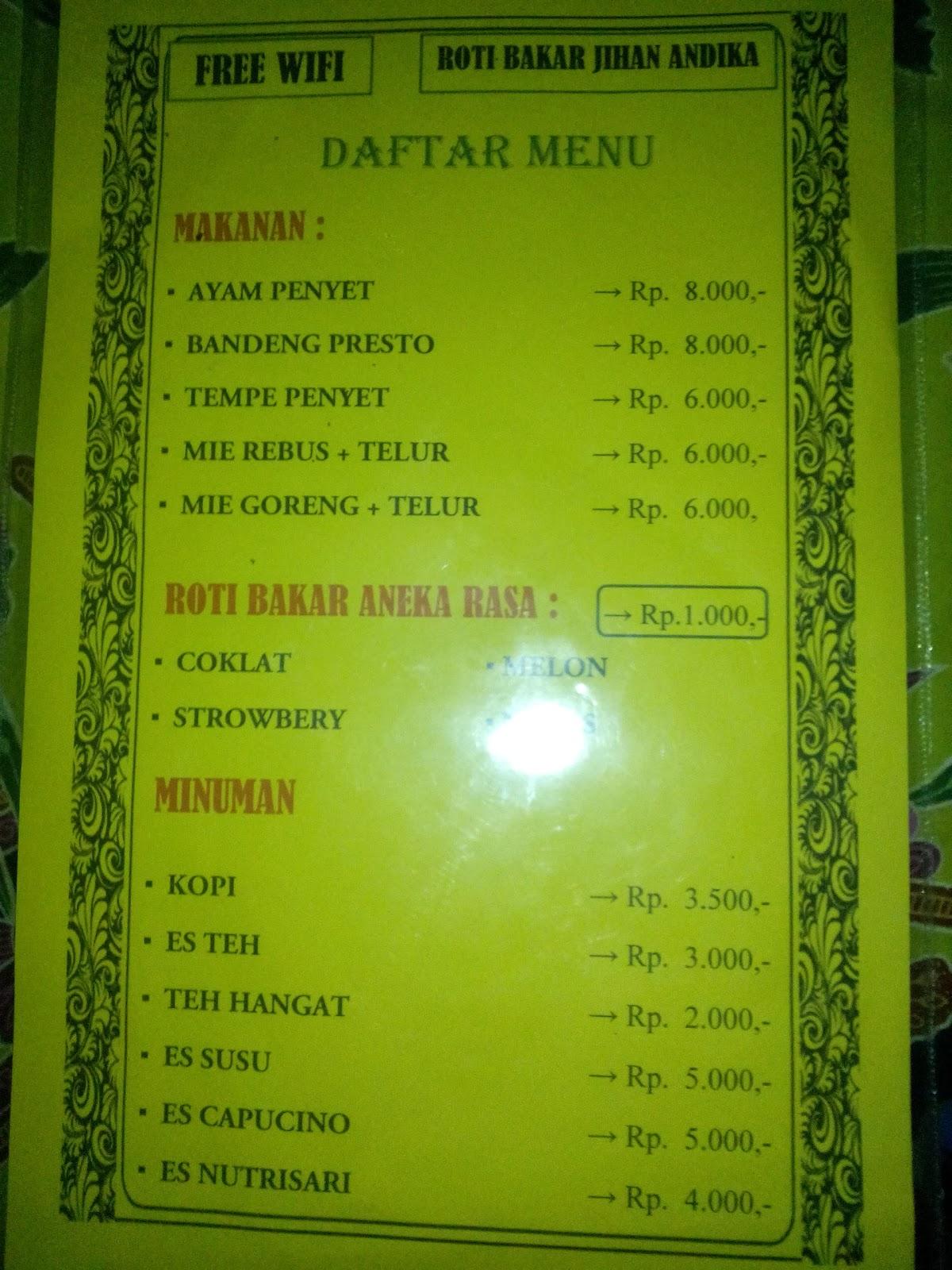 Menu at Roti Bakar & Es Capcin Jihan Andika cafe, Gedangsewu, Jl. Langkat