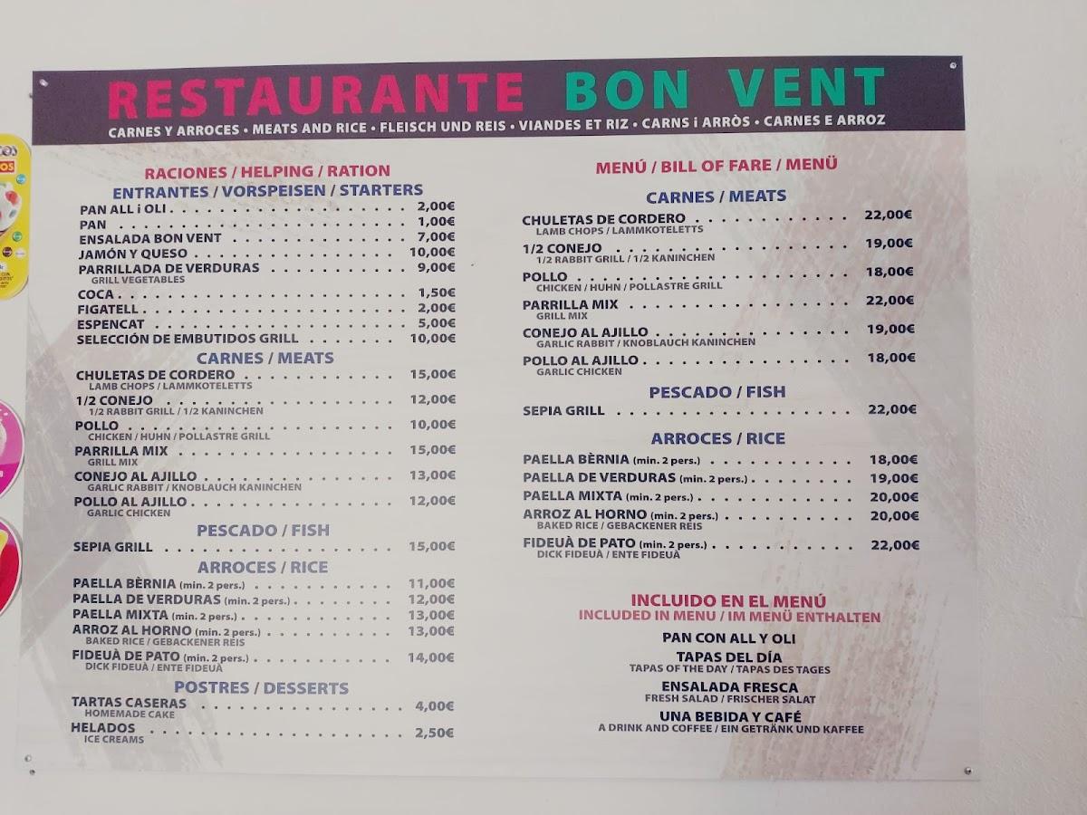 Carta de Restaurante Bon Vent, Jalón, Cv-749 Km11'5 Bernia