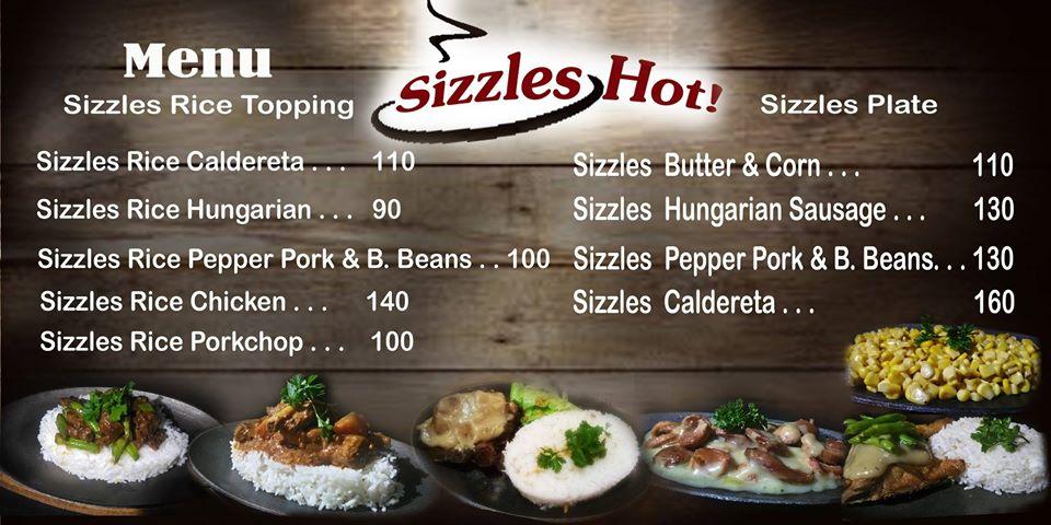 Menu at Sizzles hot restaurant, Marikina