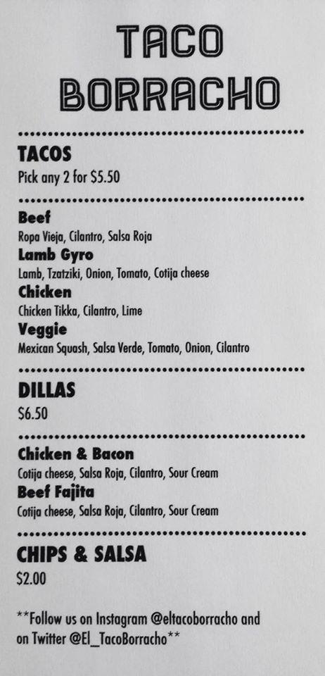 Menu at Taco Borracho restaurant, Houston