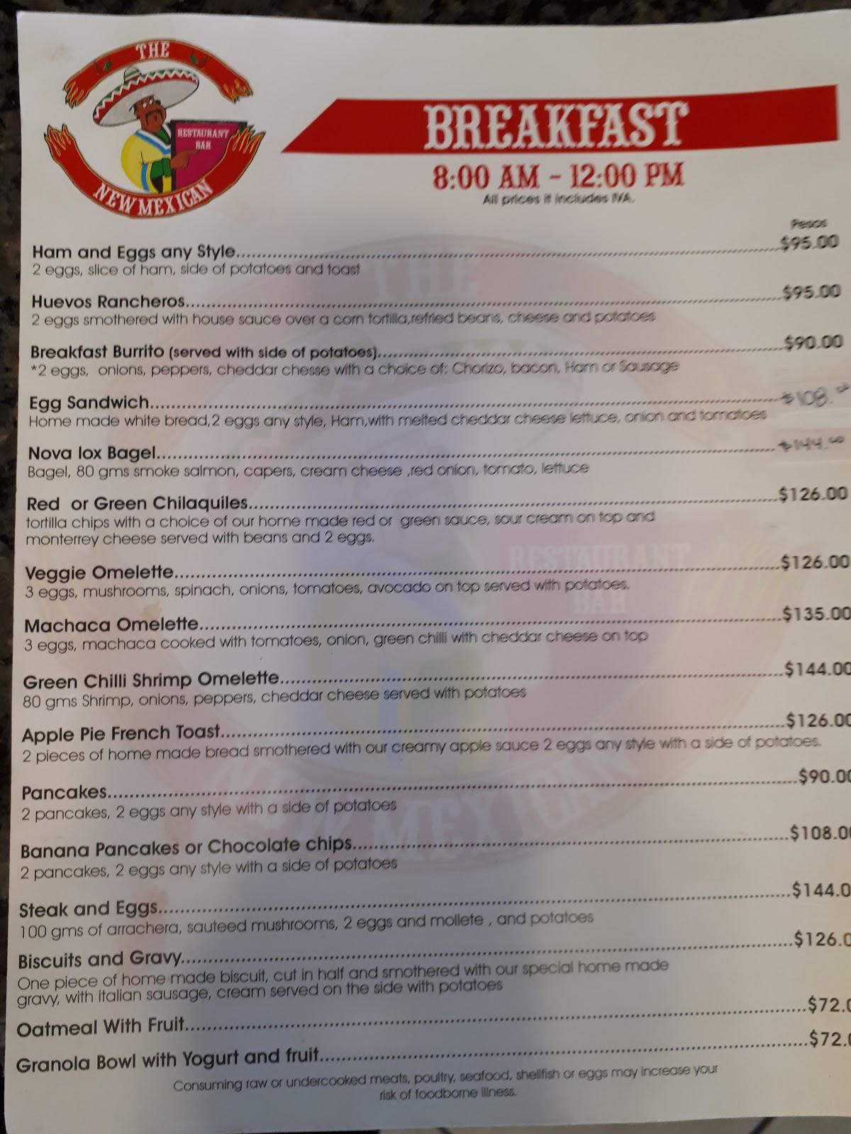 Menu at The New Mexican steakhouse, Puerto Peñasco
