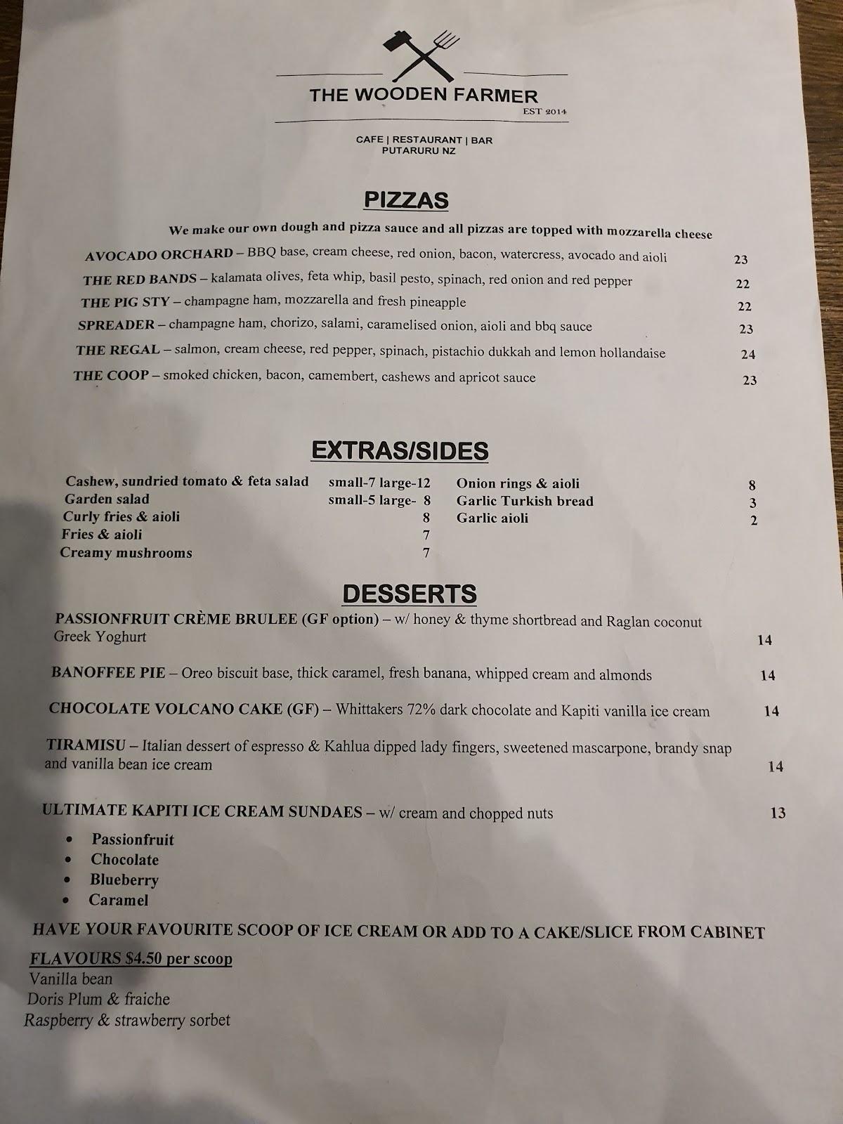 Menu at The Wooden Farmer restaurant, Putaruru