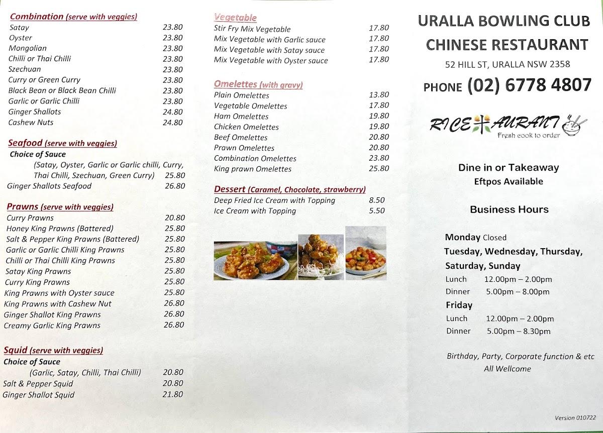Menu at Uralla Bowling Club Chinese Restaurant, Uralla