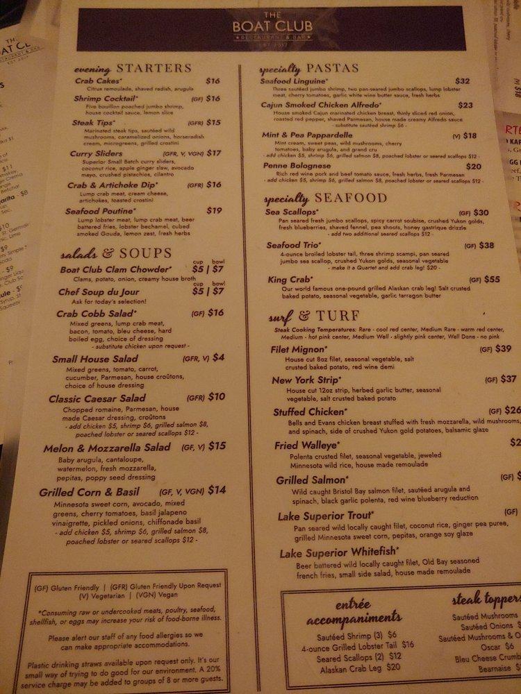 Menu at Boat Club Restaurant, Duluth