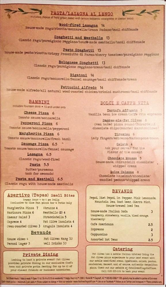 Menu at Fat Olives pizzeria, Flagstaff