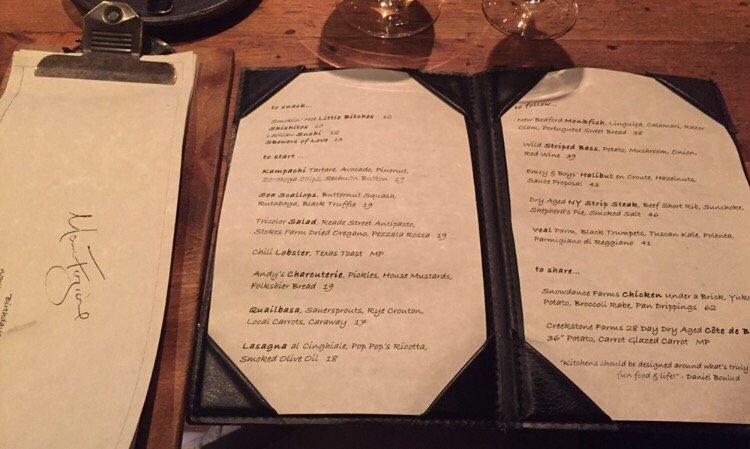 Menu at Marc Forgione restaurant, New York City