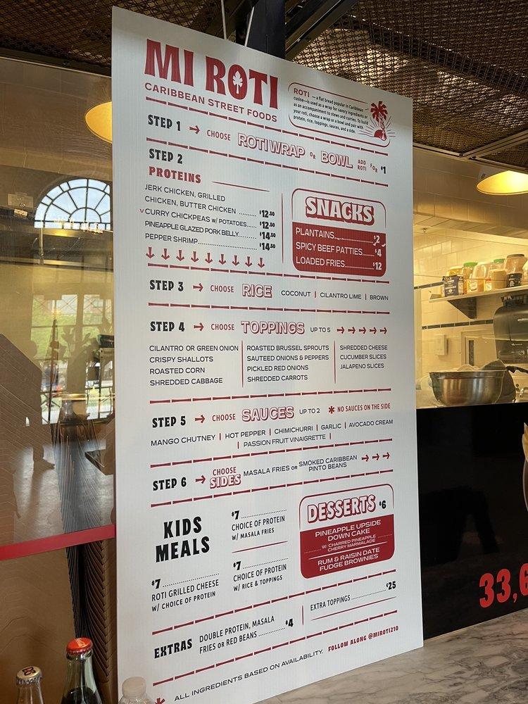 Menu at Mi Roti restaurant, San Antonio