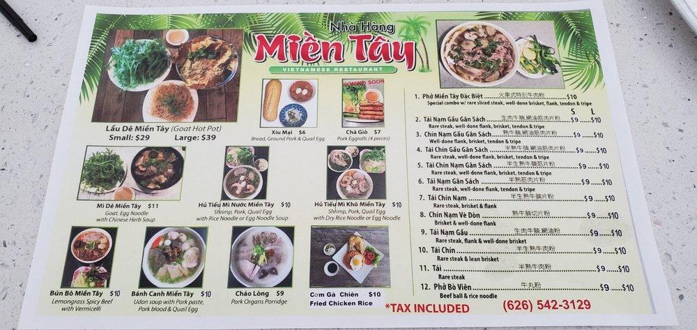 Menu at Mien Tay Restaurant, El Monte