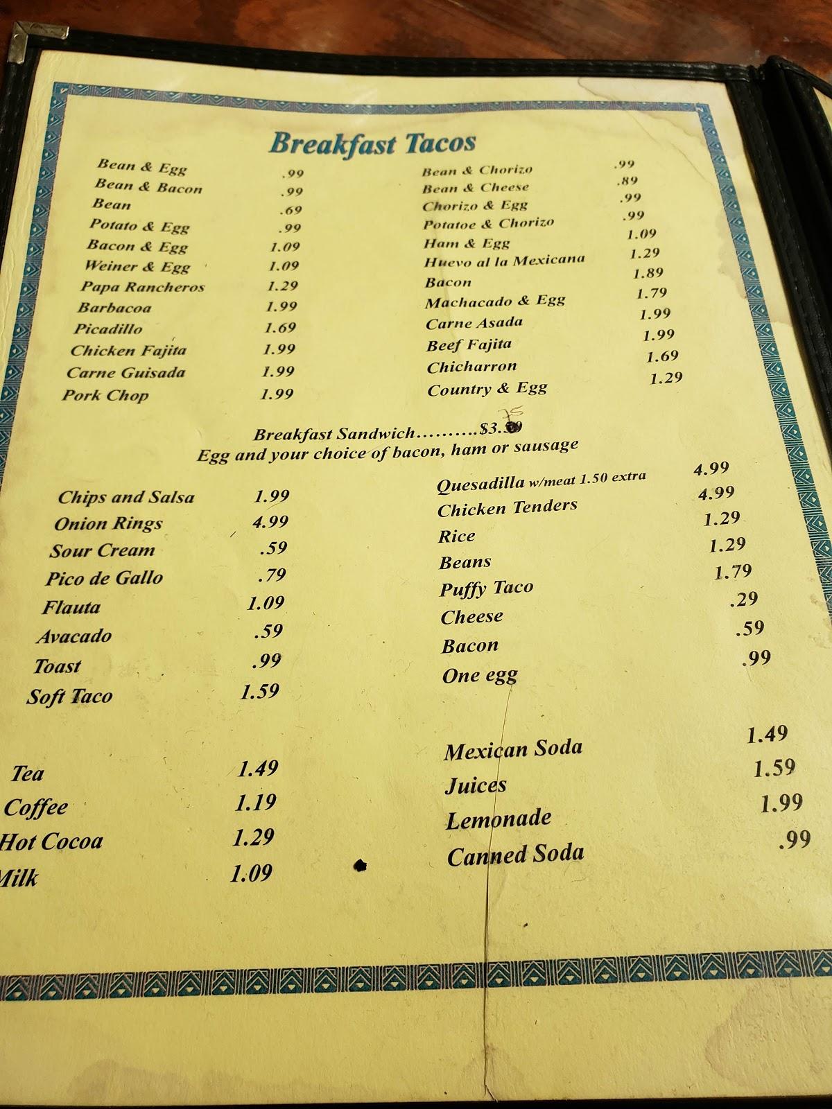 Menu at Peter El Norteño restaurant, San Antonio