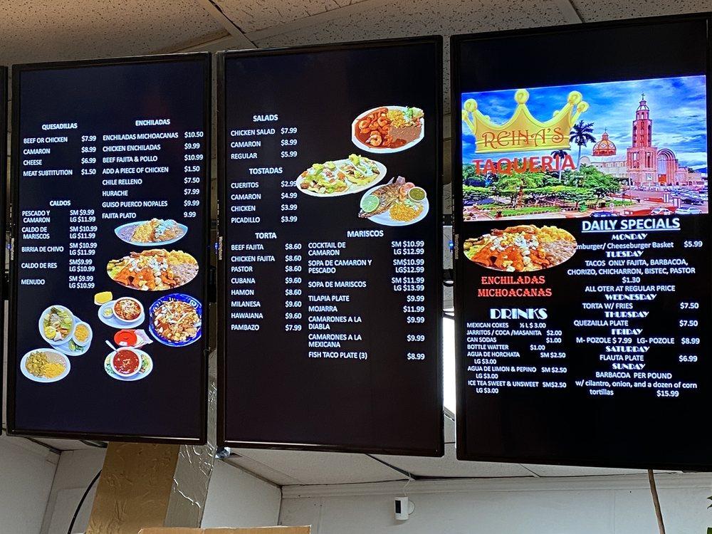 Menu at Reina's Taquería restaurant, Ennis