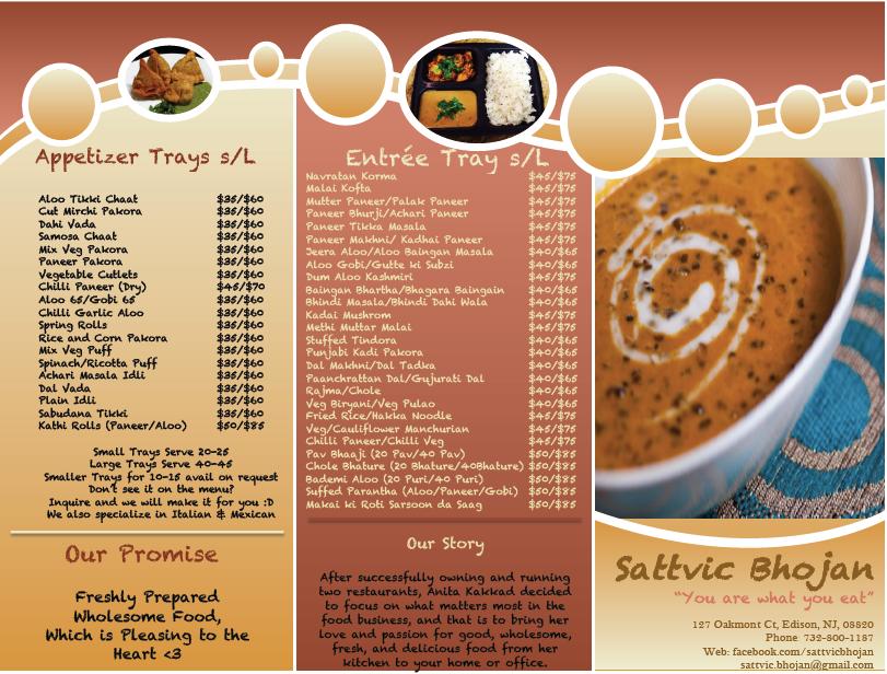 Menu at Sattvic Bhojan restaurant, Edison