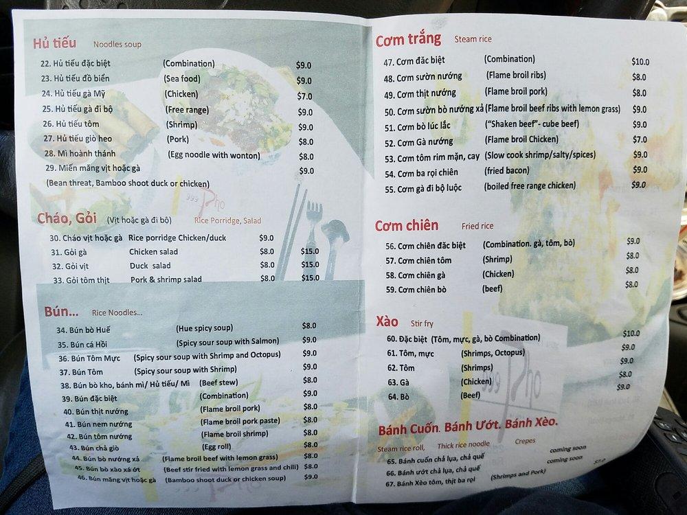Menu at 999 Phở restaurant, Reno, Kietzke Ln