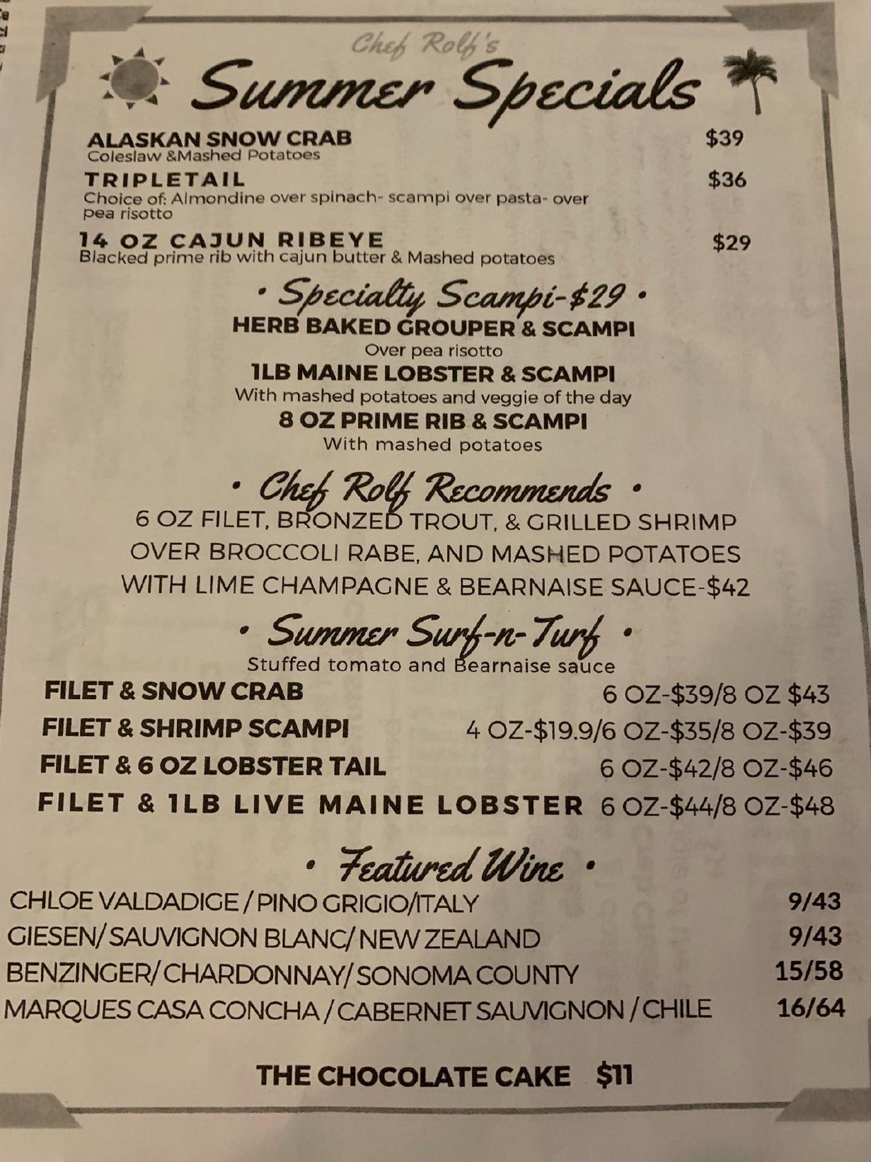 Menu at Chef Rolf's New Florida Kitchen restaurant, Sarasota
