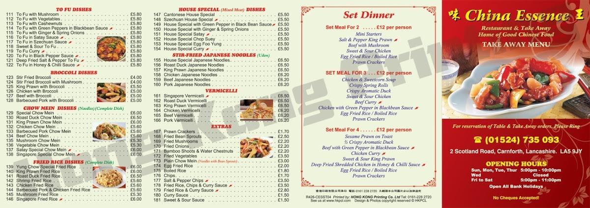 Menu at China Essence fast food, Carnforth