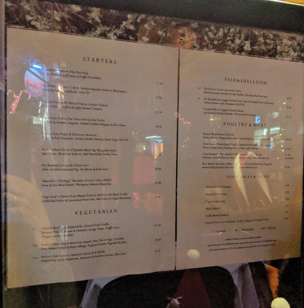 Menu at Clos Maggiore restaurant, London