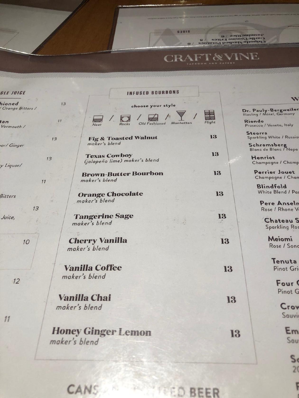 Carta del pub y bar Craft & Vine Taproom & Eatery, Roanoke