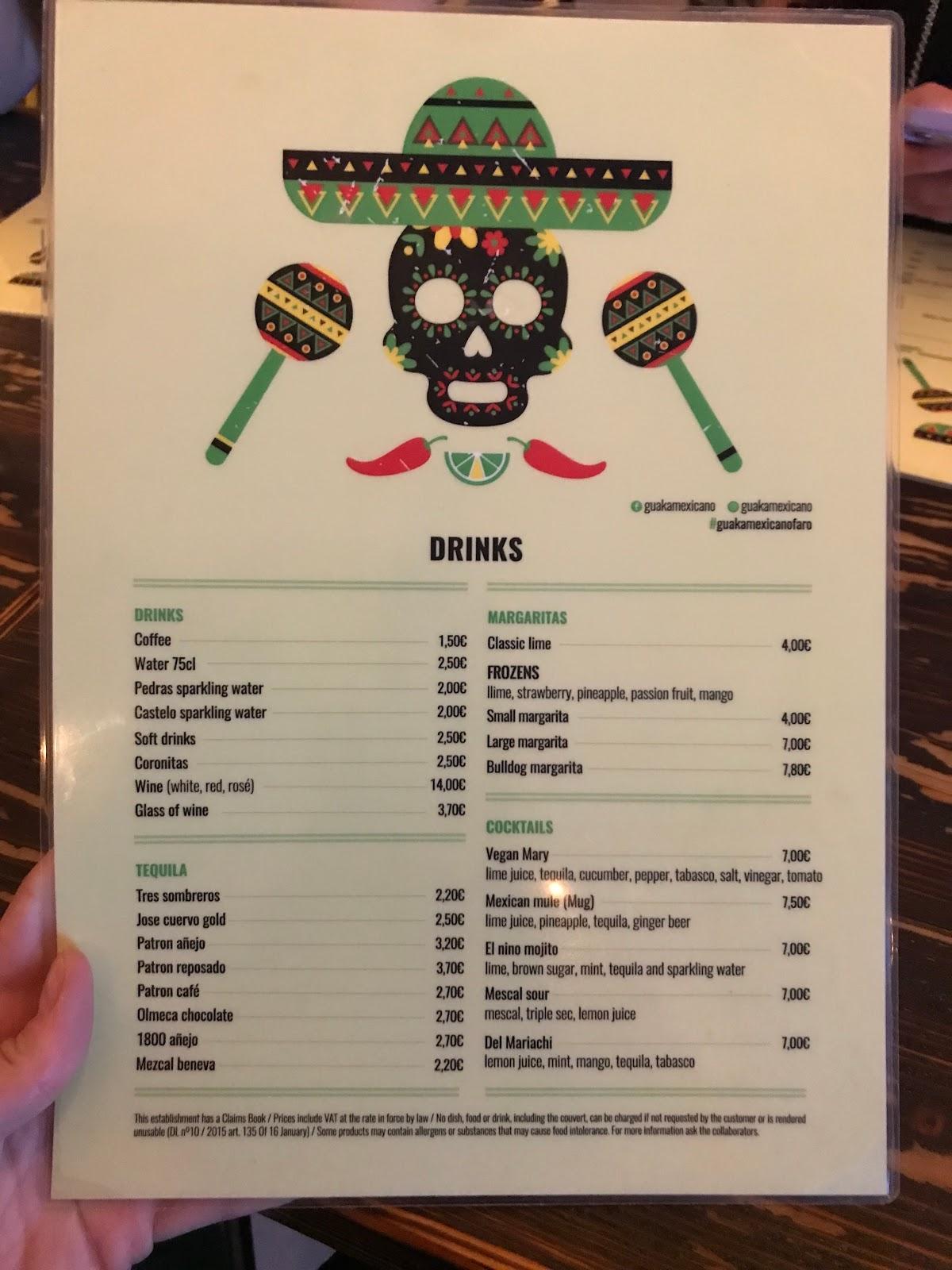 Menu at Guaka restaurant, Faro