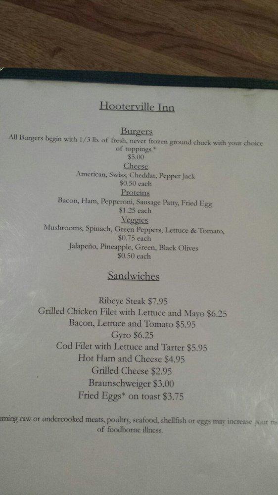 Menu at Hooterville Inn pub & bar, Blue Mounds