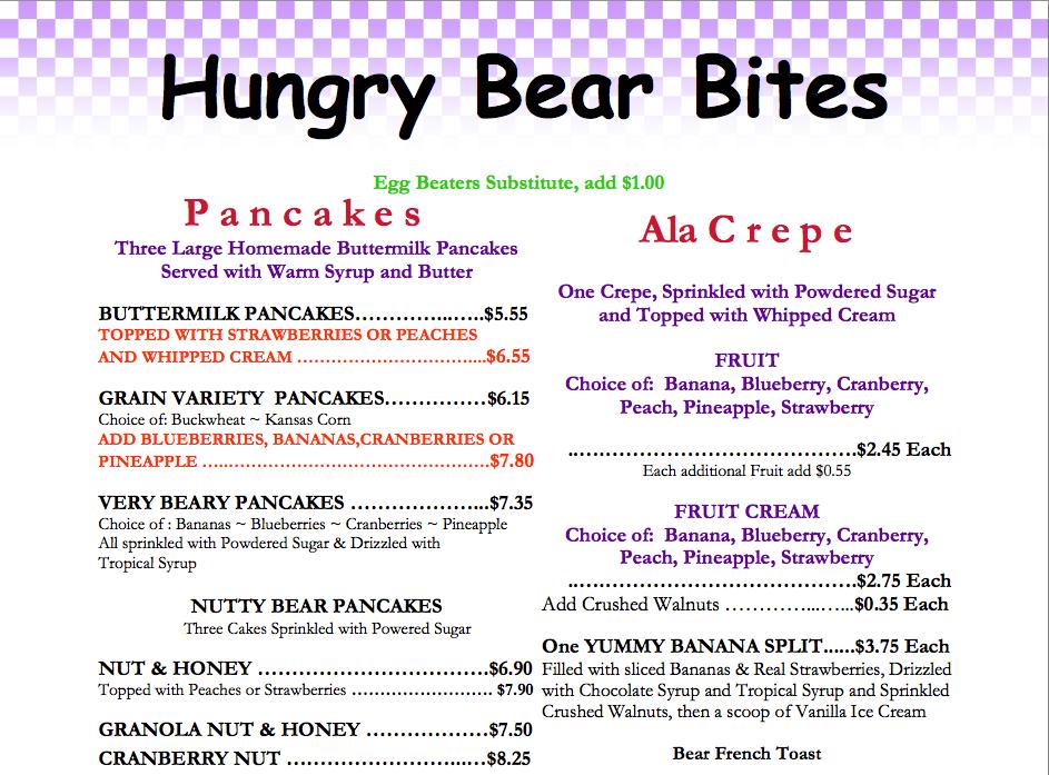 Menu at Hungry Bear restaurant, Woodland Park