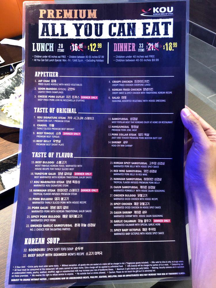 Menu at KOU-Korean BBQ of Utah, Midvale