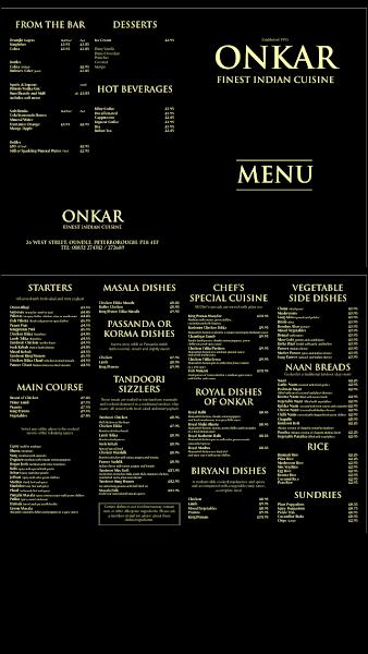 Menu at Onkar restaurant, Peterborough