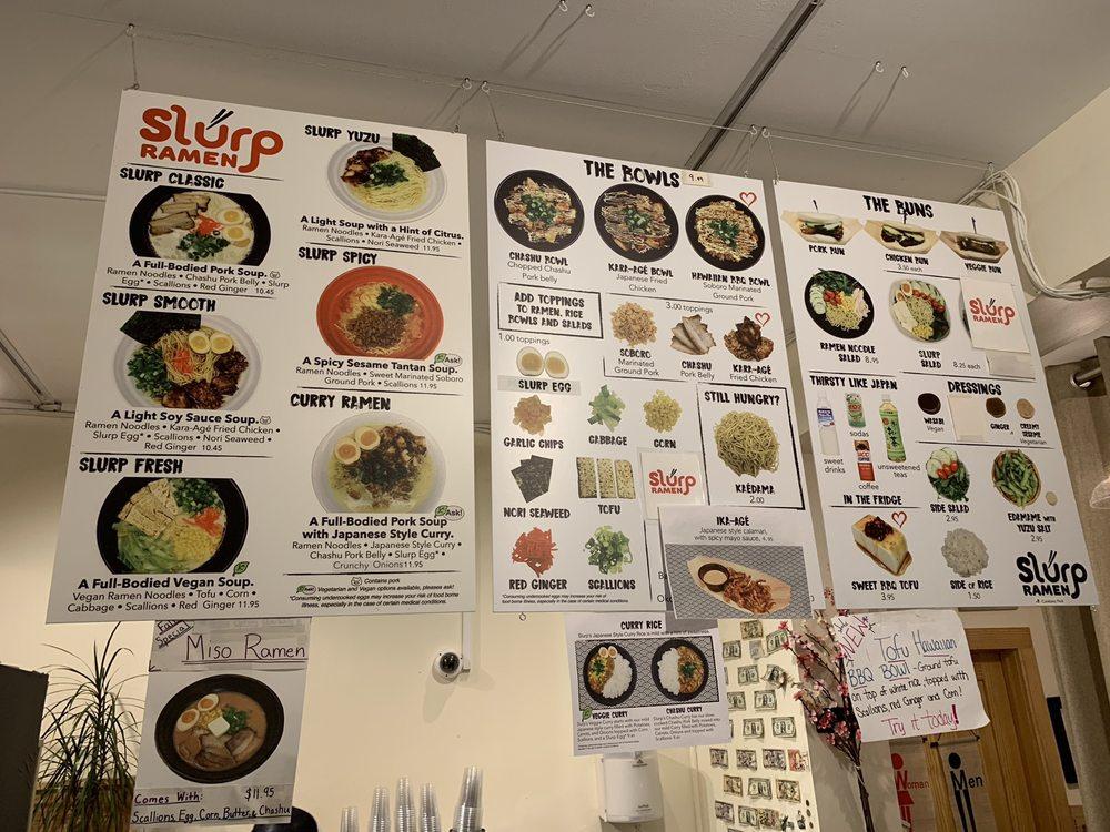 Menu at Slurp Ramen restaurant, Port Jefferson