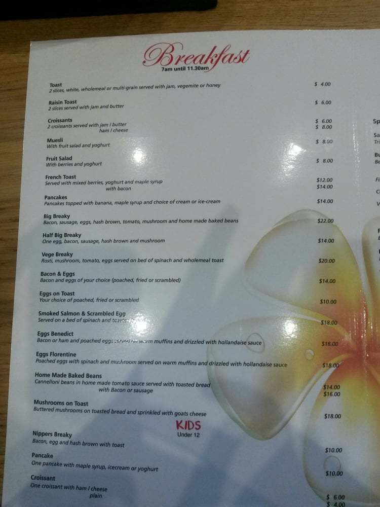 Menu at The Millie cafe, Cable Beach