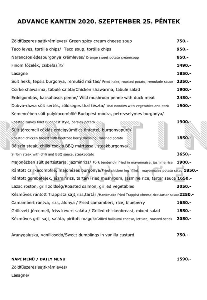 Menu at Advance Kantin restaurant, Budapest