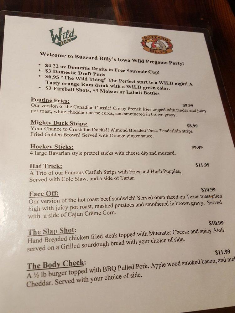 Menu at Buzzard Billy’s restaurant, Des Moines, 615 3rd St