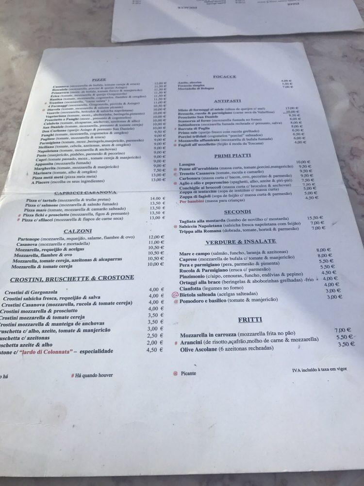 Menu at Casanova pizzeria, Lisbon