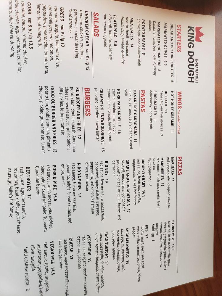 Menu at King Dough pizzeria, Indianapolis
