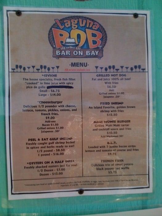 Menu at Laguna BOB pub & bar, South Padre Island, Laguna Blvd