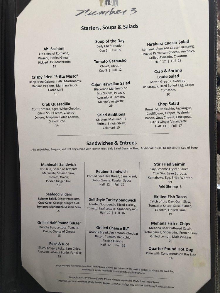 Menu at Number 3 Restaurant, Puako