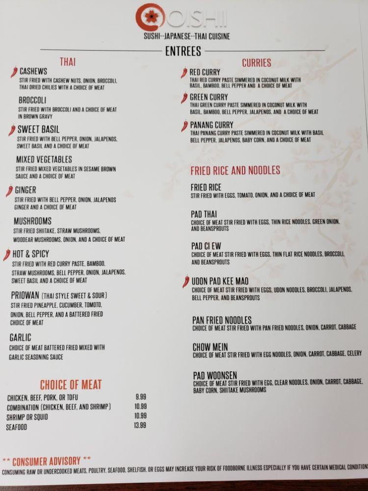 Menu at Oishii Japanese Thai Restaurant, Clovis