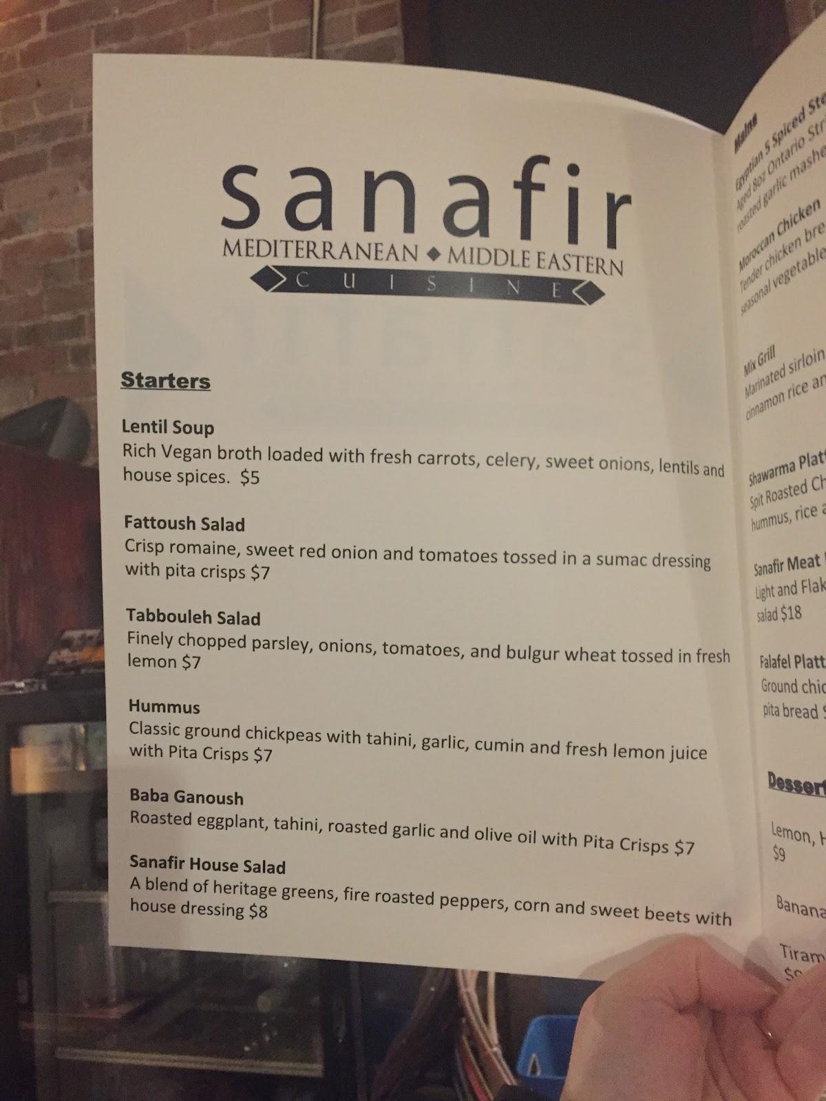 Menu at Sanafir Mediterranean Restaurant, Orillia