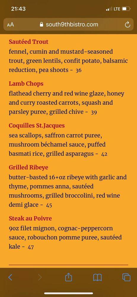 Menu at South 9th Bistro restaurant, Bozeman