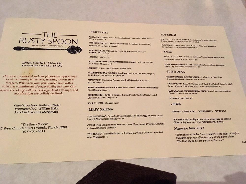 Menu at The Rusty Spoon restaurant, Orlando