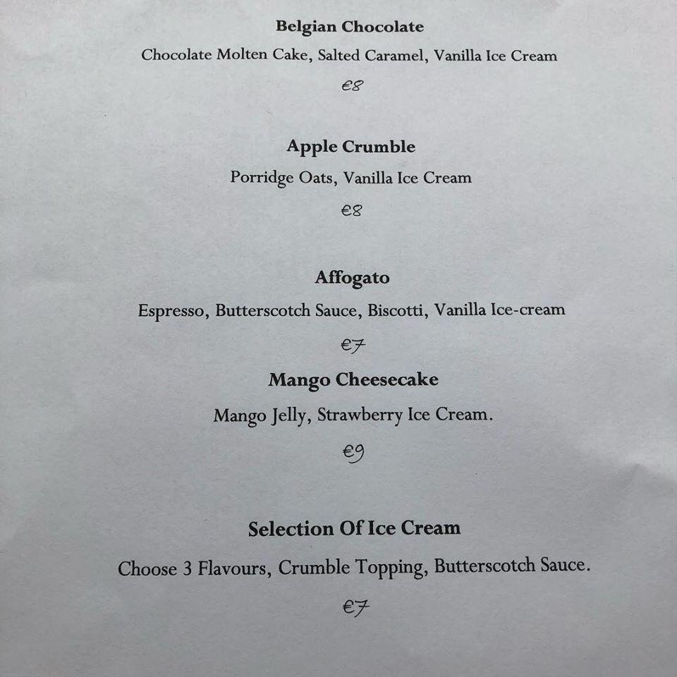 Menu at The Yew Tree Lecarrow restaurant, Ireland