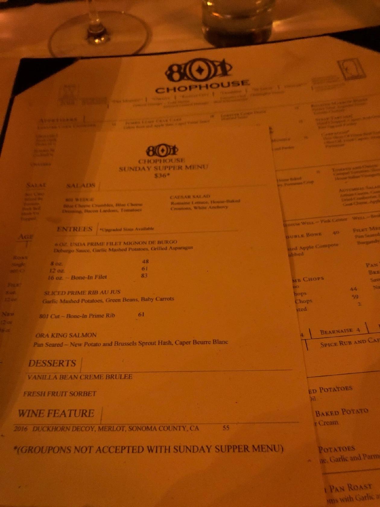 Menu at 801 Chophouse steakhouse, Clayton