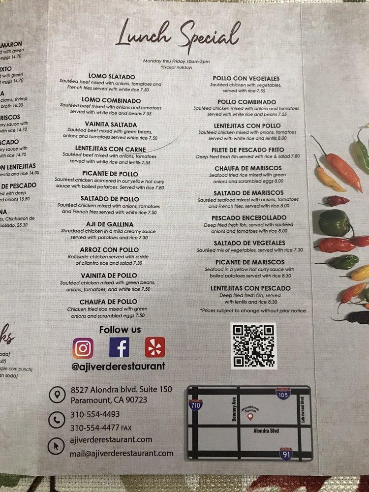 Menu at Ají Verde restaurant, Paramount
