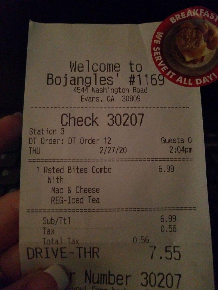 Menu at Bojangles fast food, Evans, Washington Rd