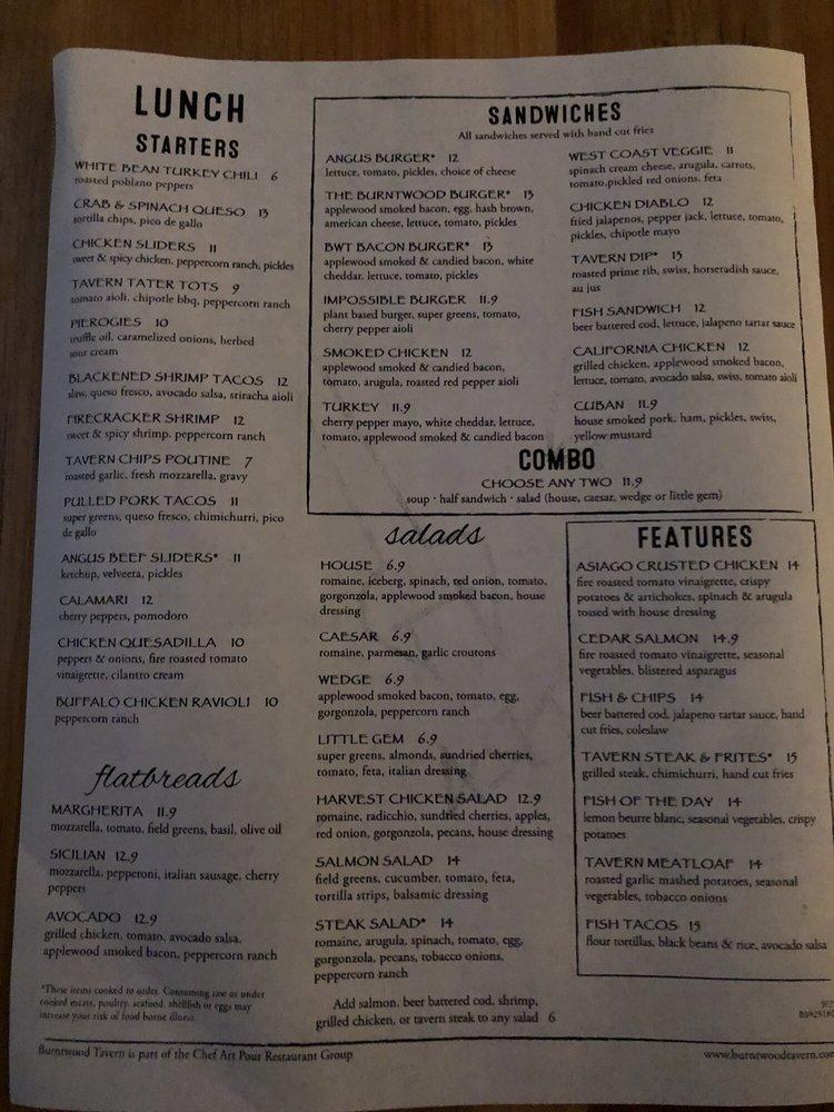 Menu at Burntwood Tavern restaurant, Chagrin Falls, 504 E Washington St